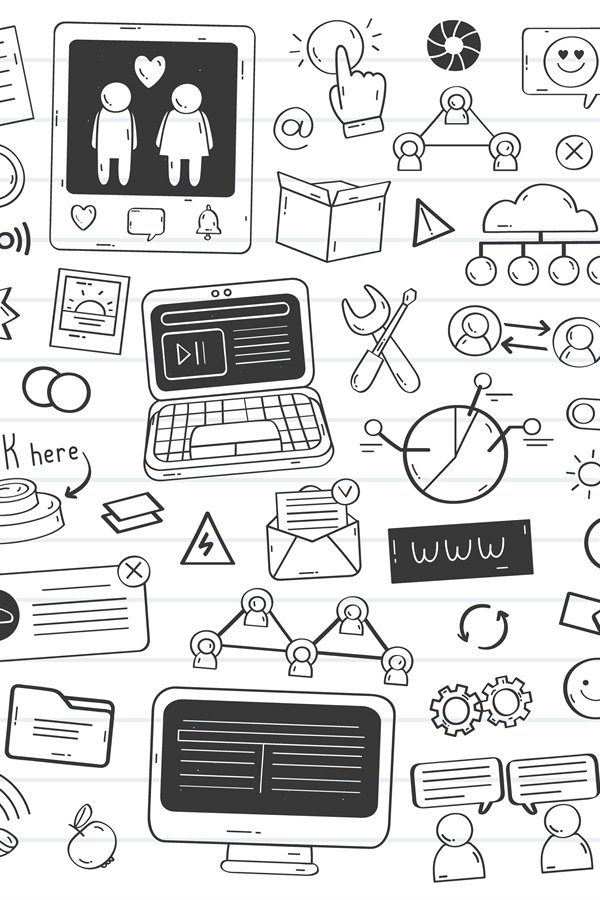 Social media doodle elements. Network hand drawn social medi