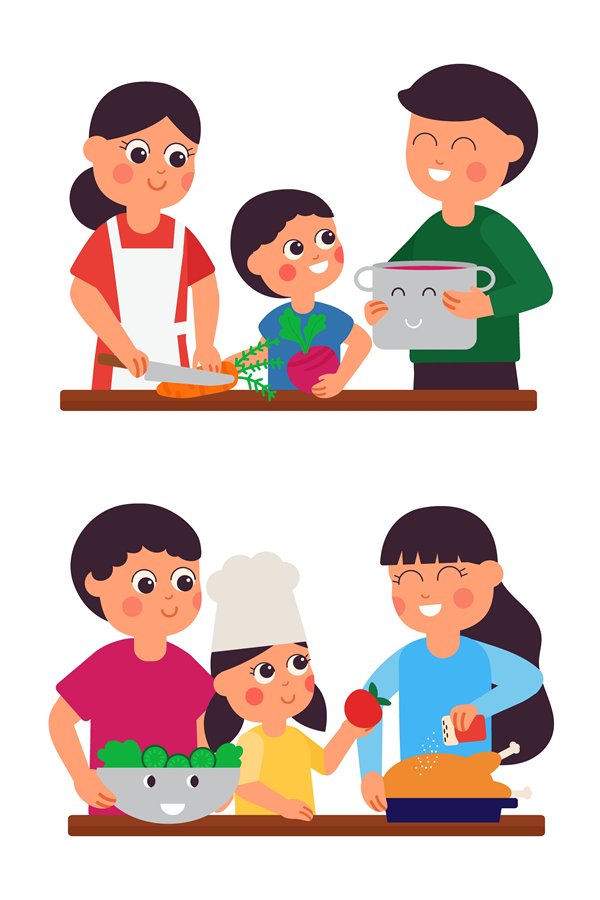 Family cooking. Food prepare, girls on kitchen. Parents and