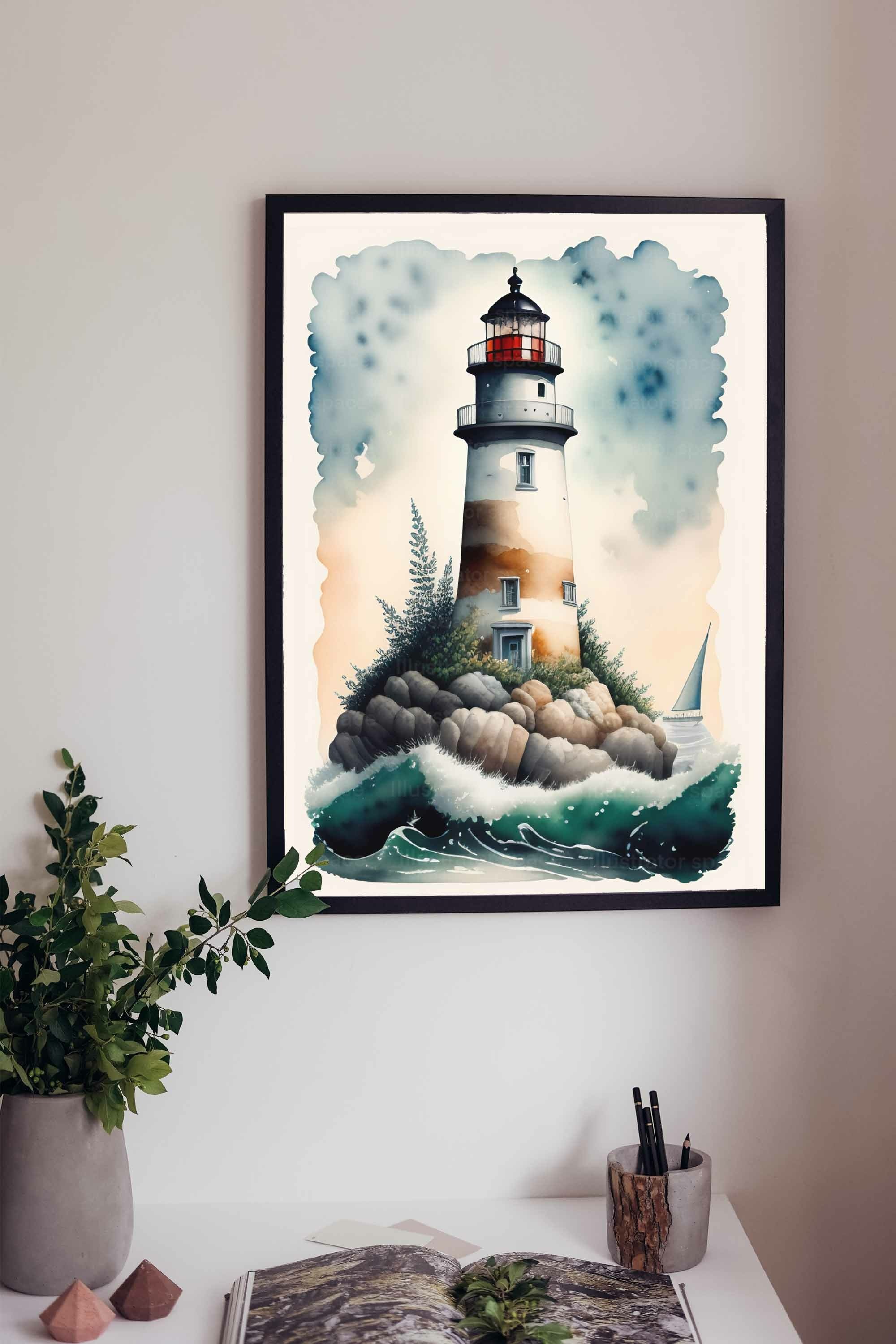 Lighthouse print, Nautical artwork, Lighthouse wall art