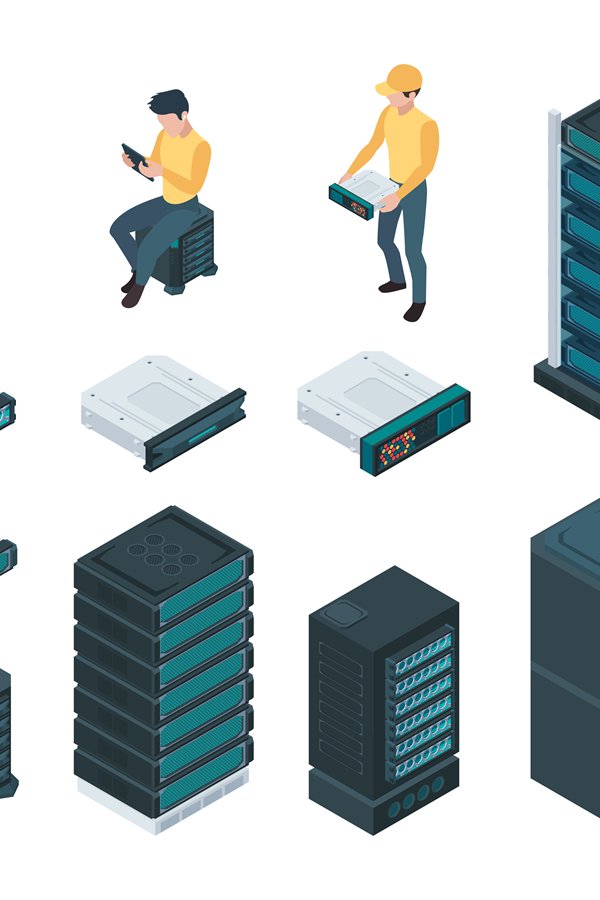 Technician in server room. Computer lan master with router c