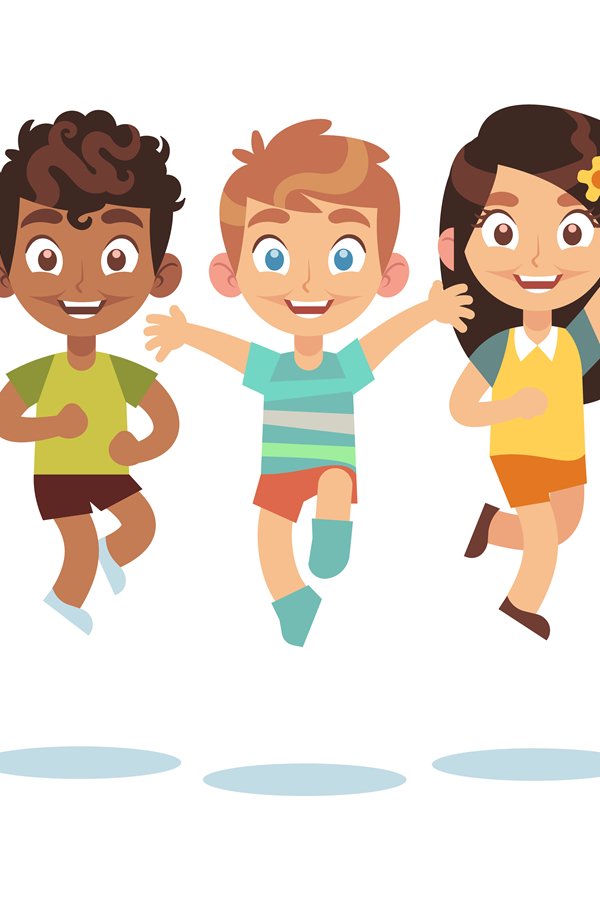 Jumping kids. Cartoon children playing and jump isolated hap