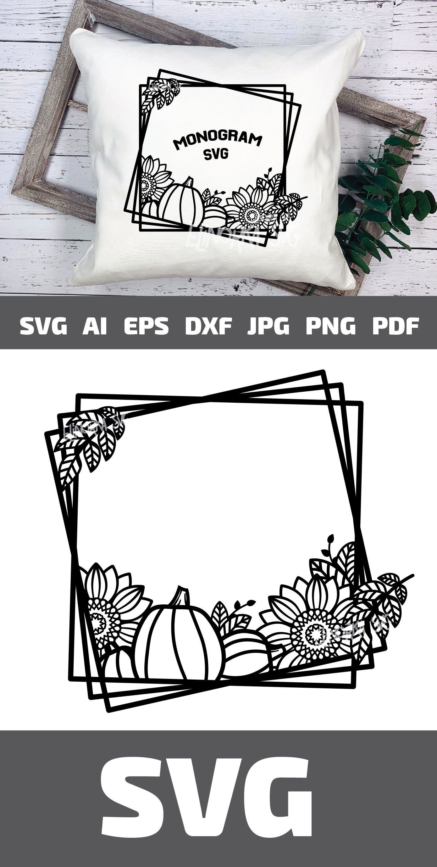 Fall SVG Monogram Frame | Sunflower Pumpkin SVG