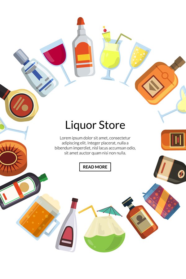 Vector alcoholic drinks in glasses and bottles