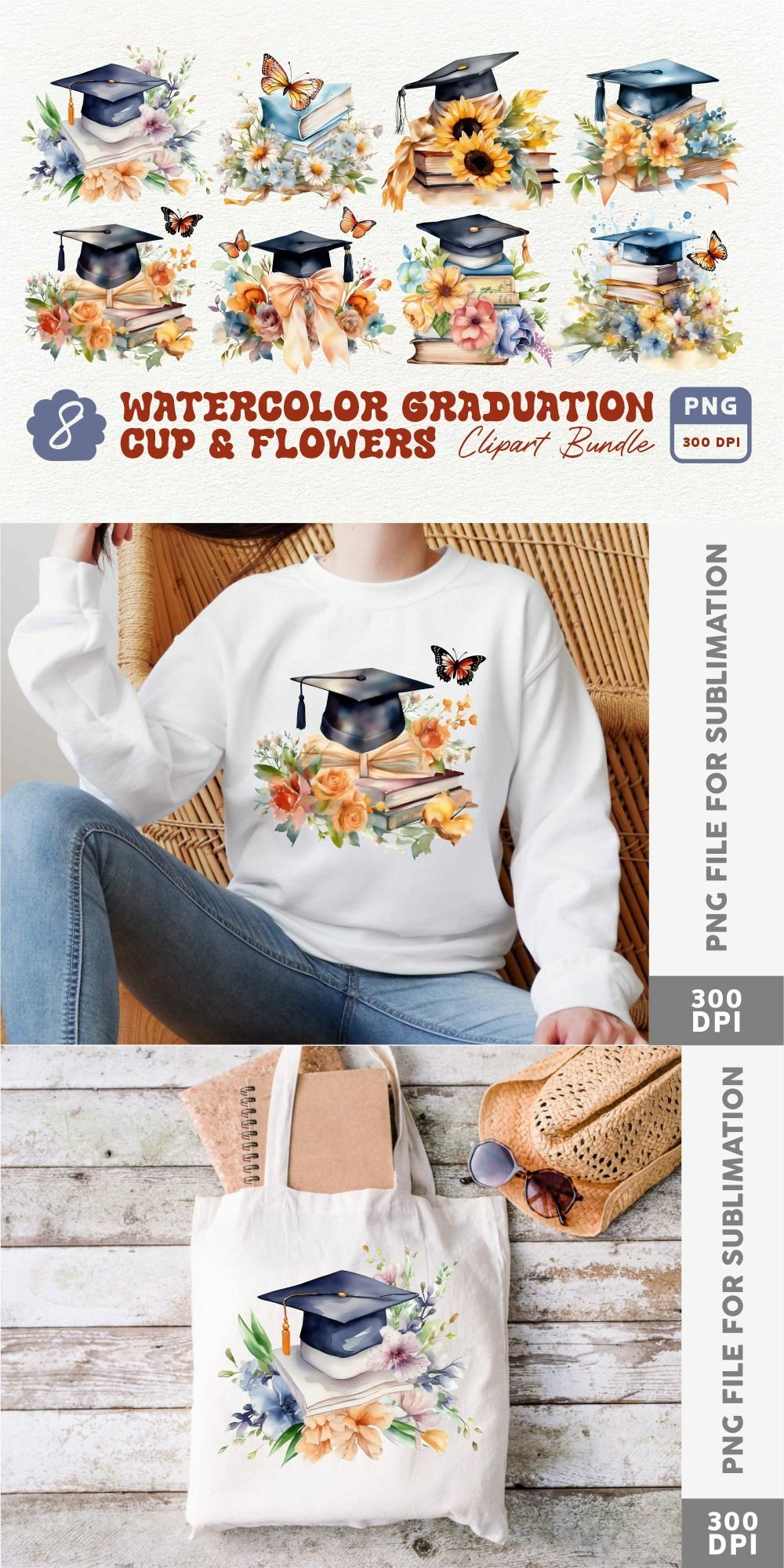 Watercolor Graduation Cap and Flowers Clipart PNG Bundle