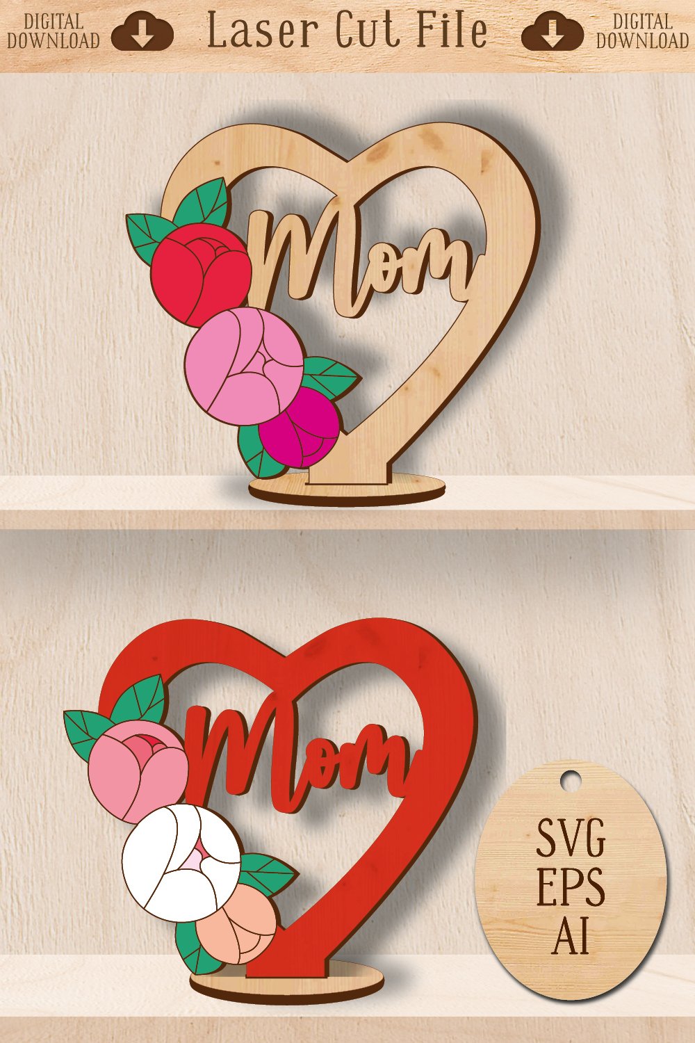 Peonies Love Mom Stand Decor SVG Laser Cut File - Mother's