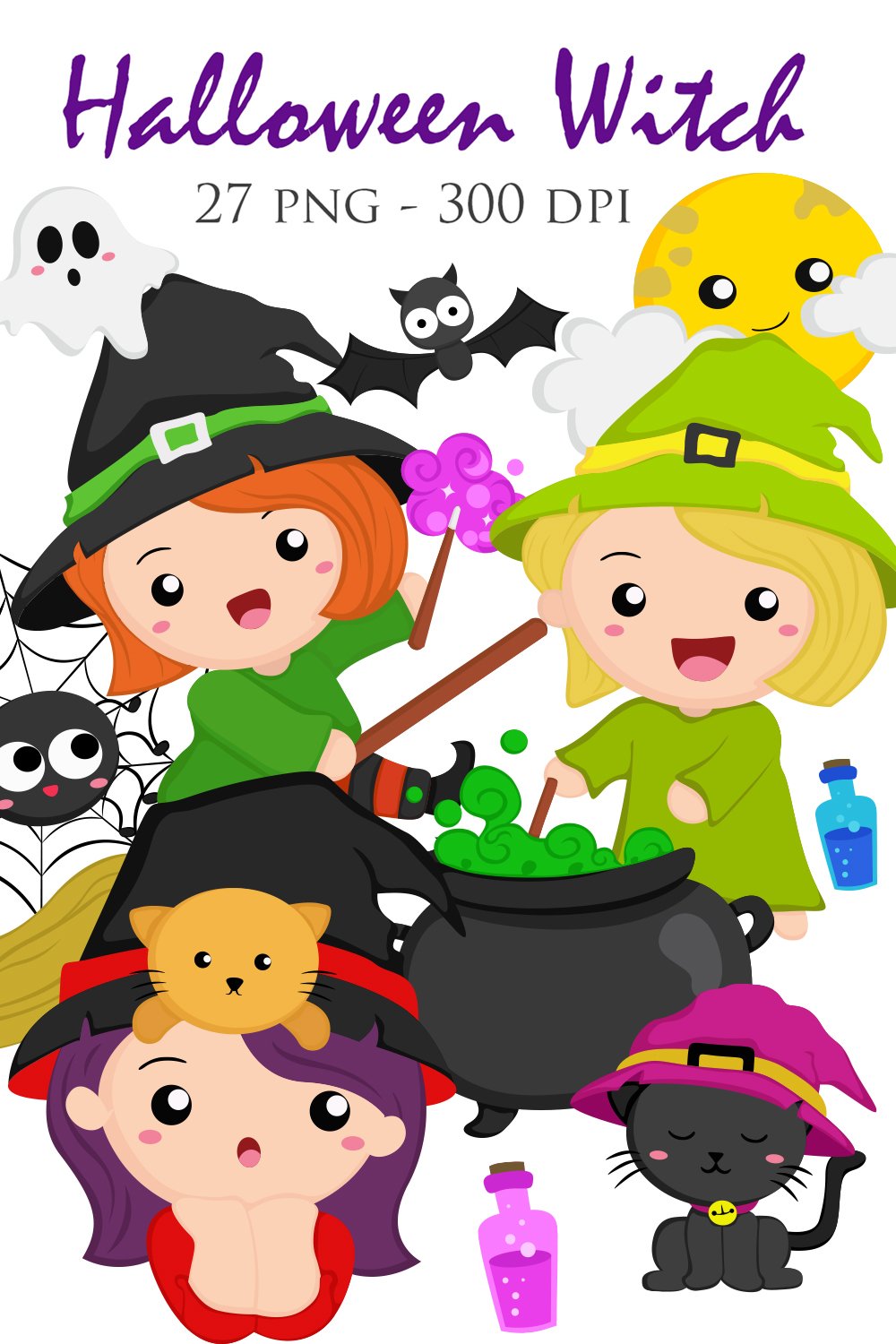 Cute Girl Halloween Witch Kids Cartoon Illustration Clipart