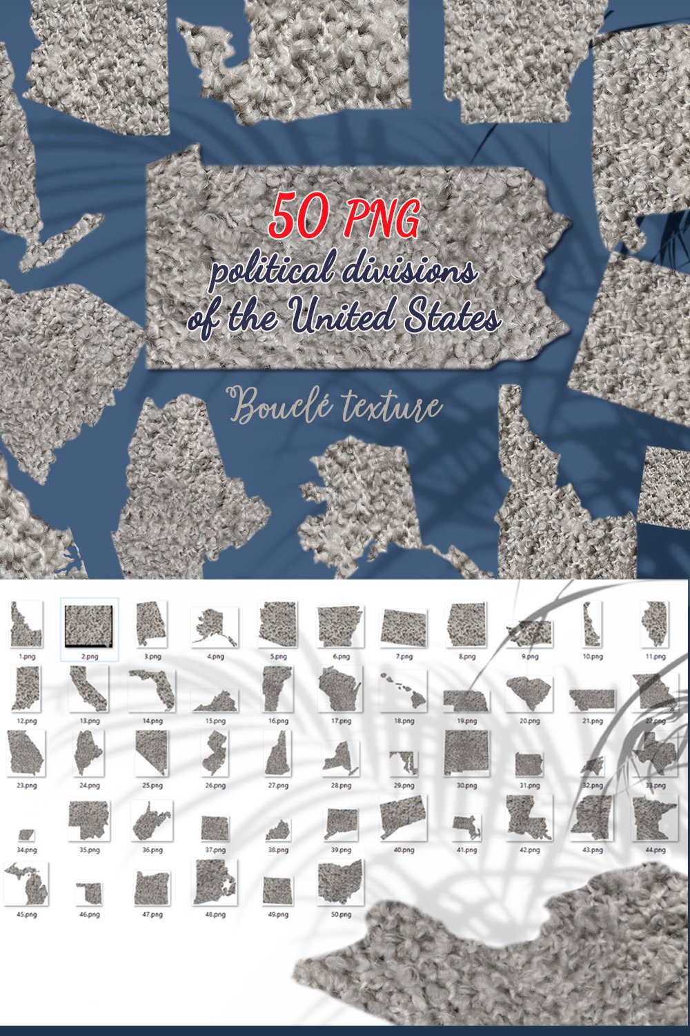 PNG of US political subdivisions. Bouclé yarn texture