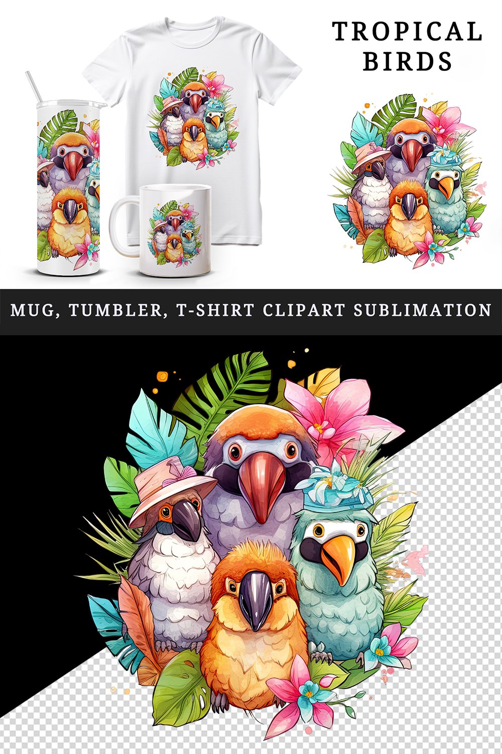 Tropical birds tumbler, mug wrap, clipart sublimation design