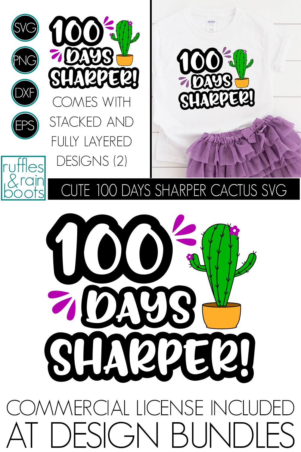 100 Days Sharper SVG - Cute Cactus School Design for Kids