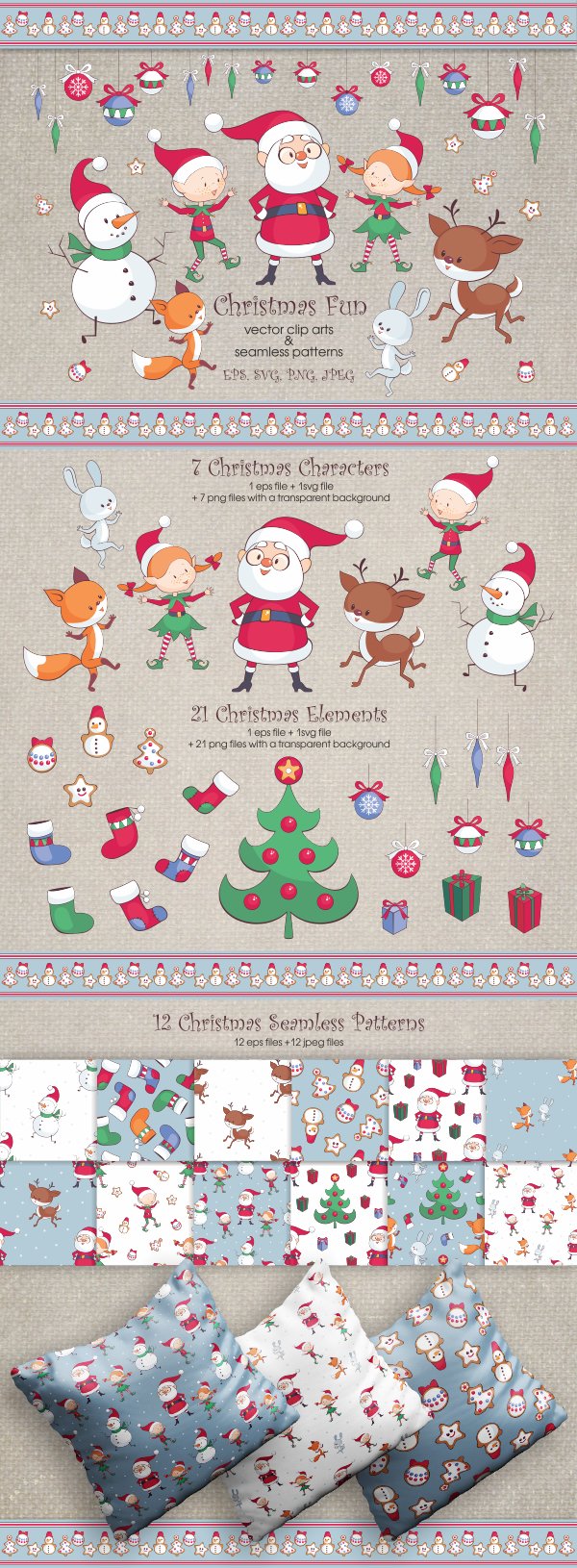 Christmas fun. Vector clip arts and seamless patterns