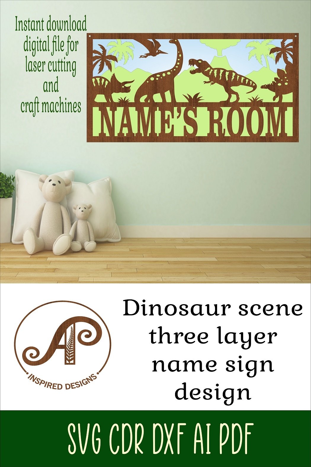 Dino scene name sign SVG 3 layer laser cut template