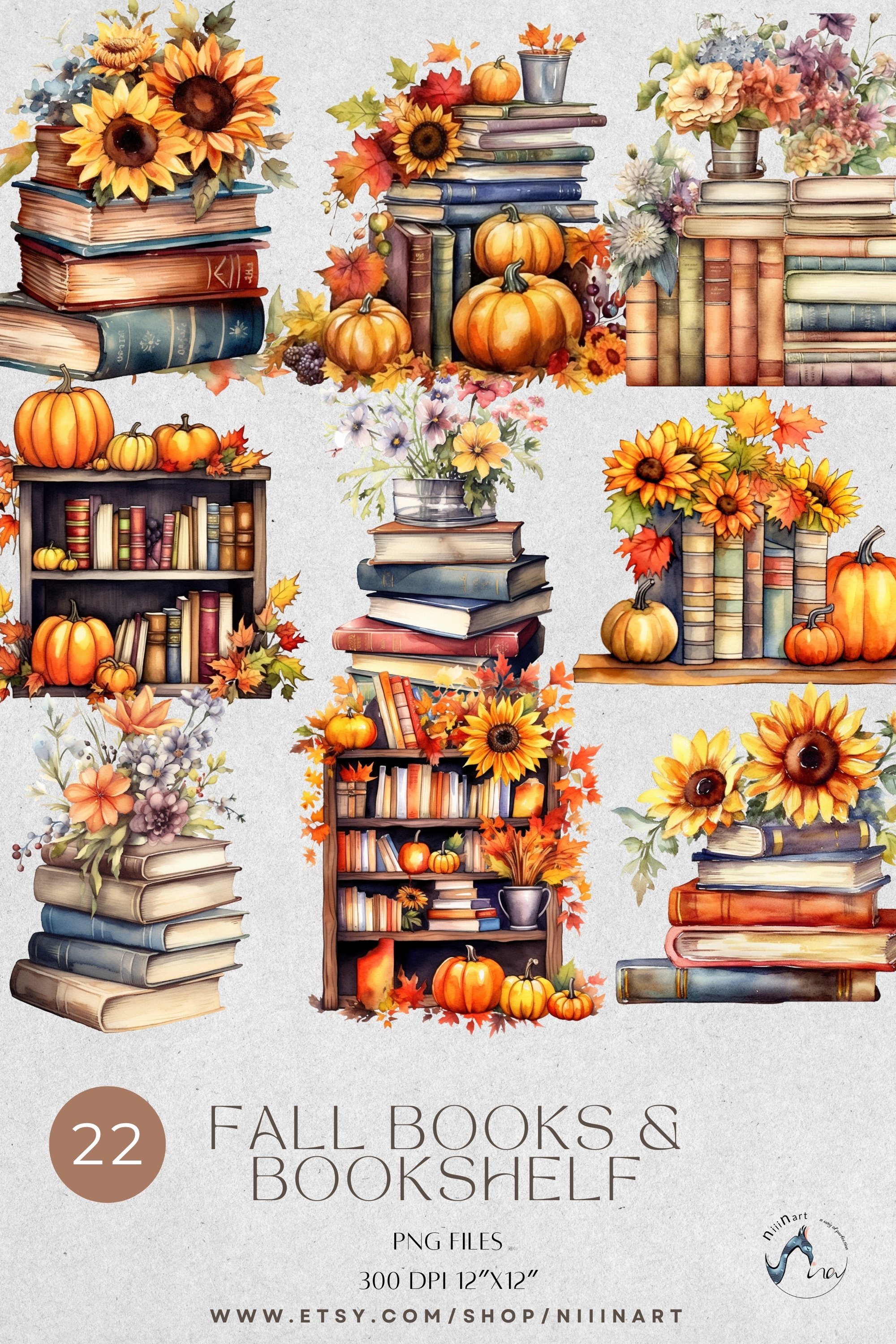 Autumn Books and Bookshelves Clipart Bundle No Background