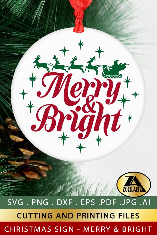 Merry and Bright SVG Christmas Round Ornament SVG For Cricut