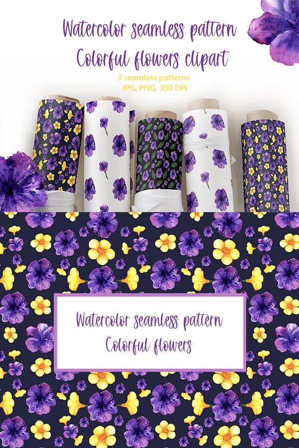 Watercolor seamless pattern. Colorful purple flowers