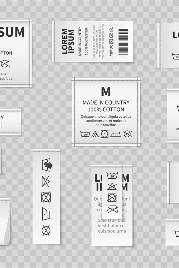 Laundry white labels. Textile care instructions tags, cotton