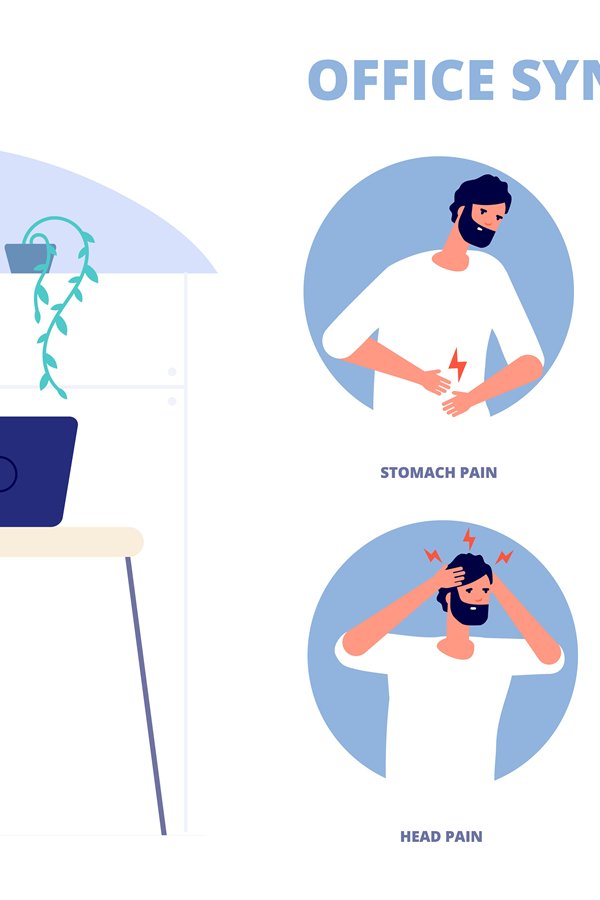 Office syndrome. Work pain infographic, symptoms of incorrec