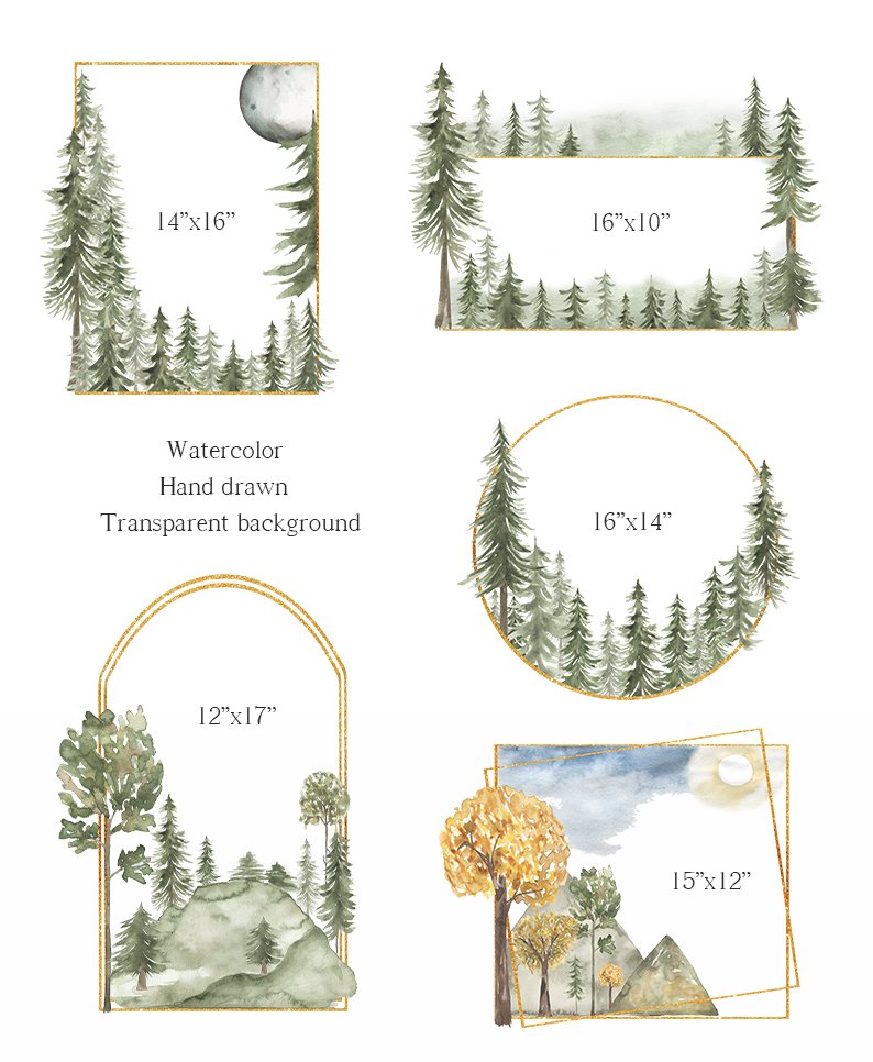 Watercolor Forest Tree Frame Clipart set
