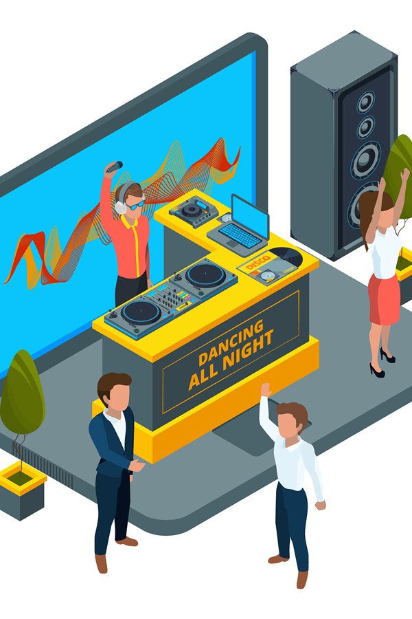 Online concert concept. Isometric laptop with musical instru