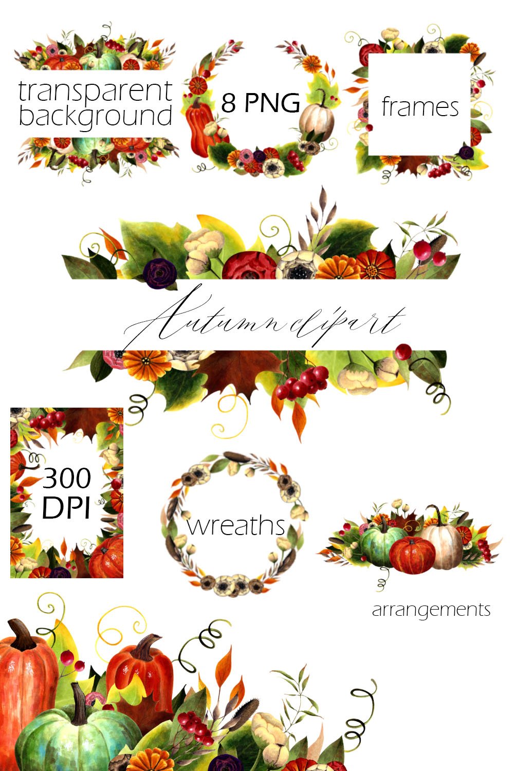 Fall pumpkin frames clipart. Borders, wreaths, arrangements