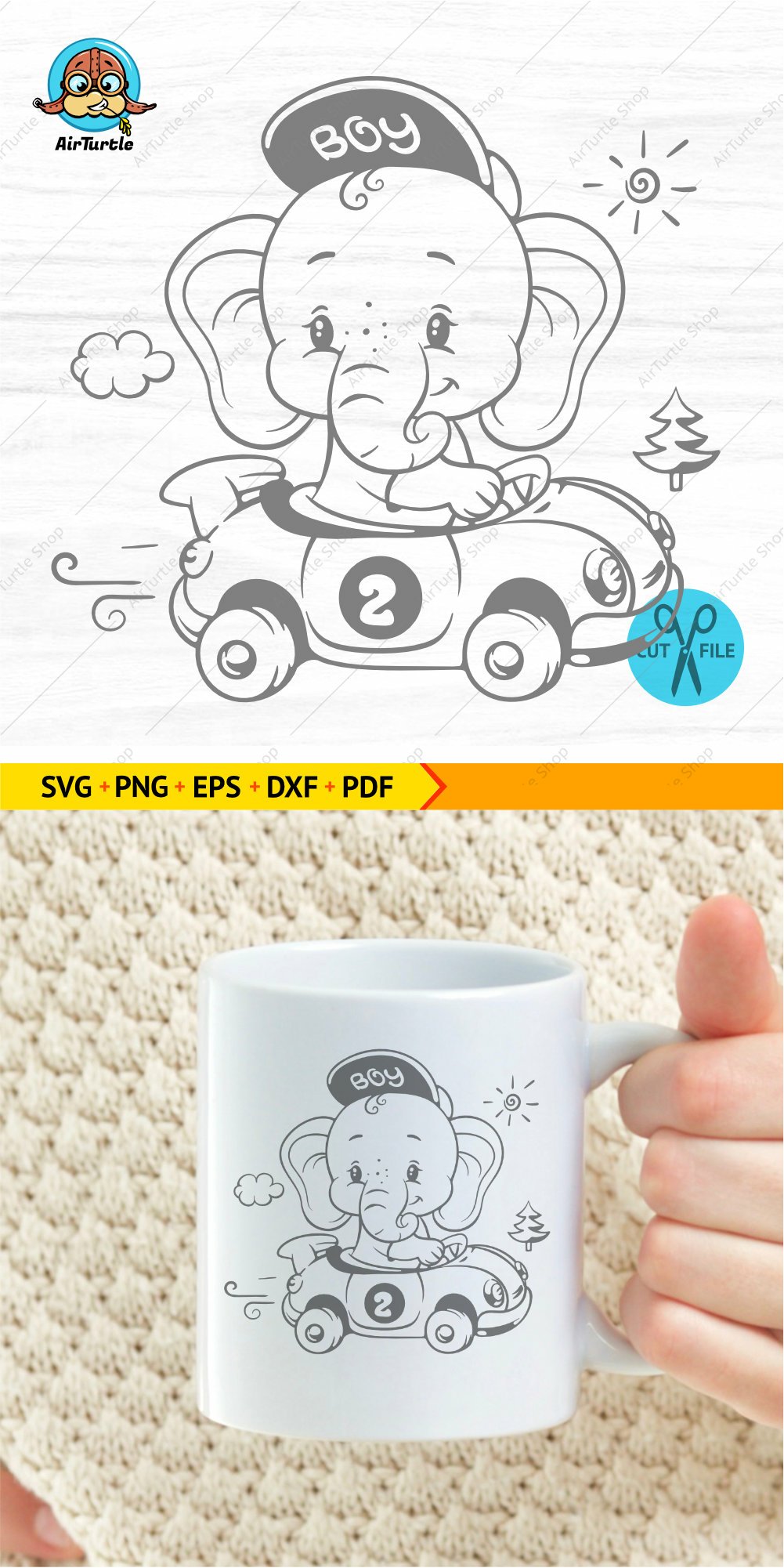 Cute Elephant Boy in Car SVG, Cut file| Baby Animal Clipart