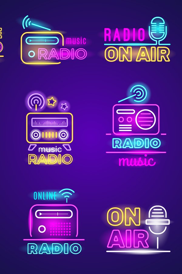 Radio neon. Broadcasting glow effect colored logo music show