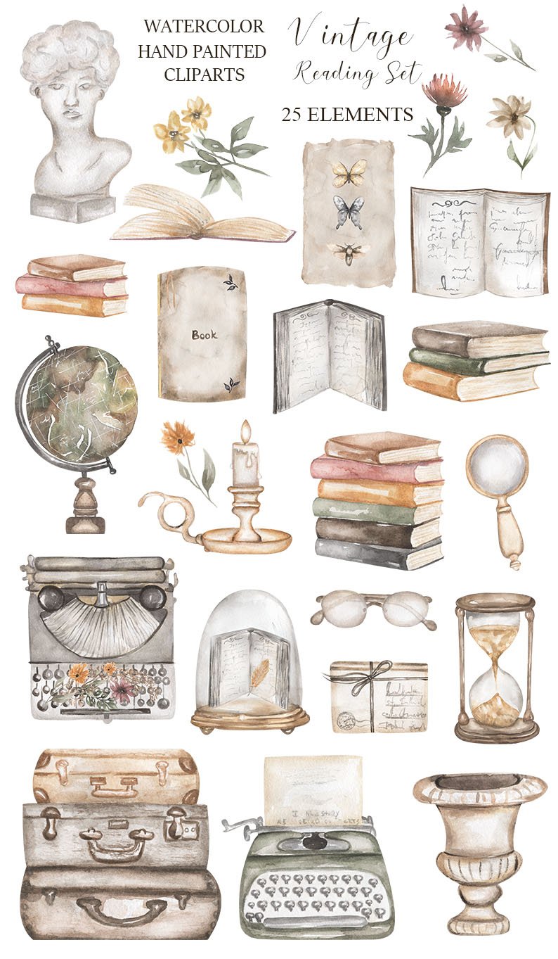 Watercolor Vintage Reading Clipart Bundle