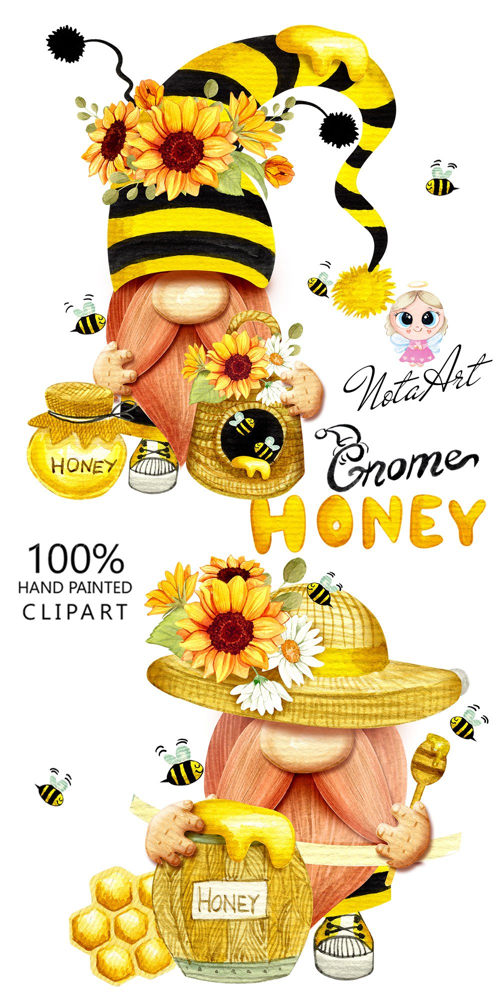 gnome bees with honey, Watercolor bee Gnome
