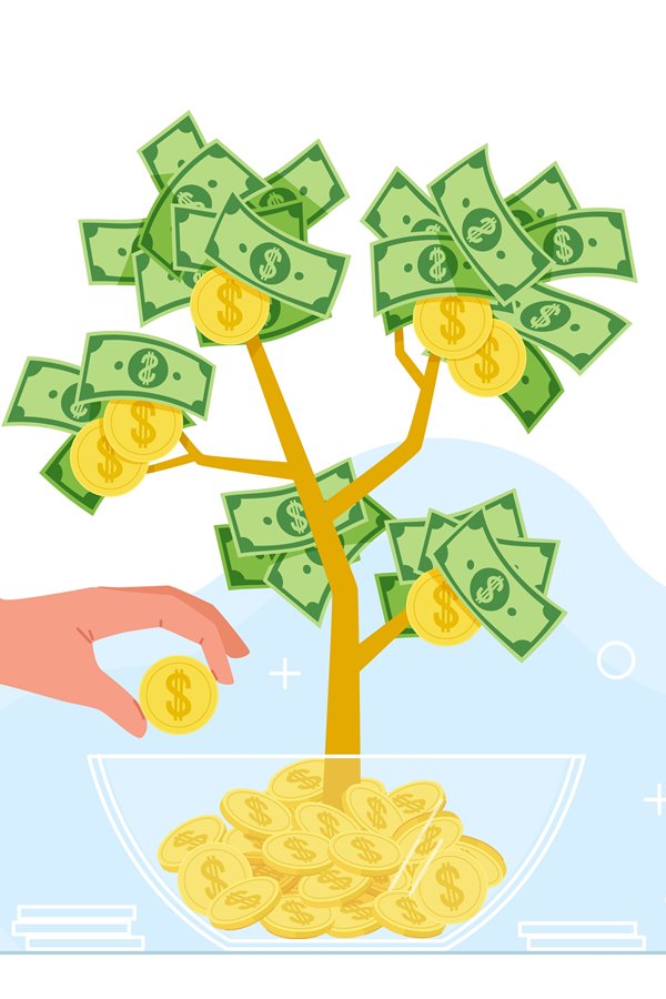 Business hands money. Growing tree and hand with golden flow