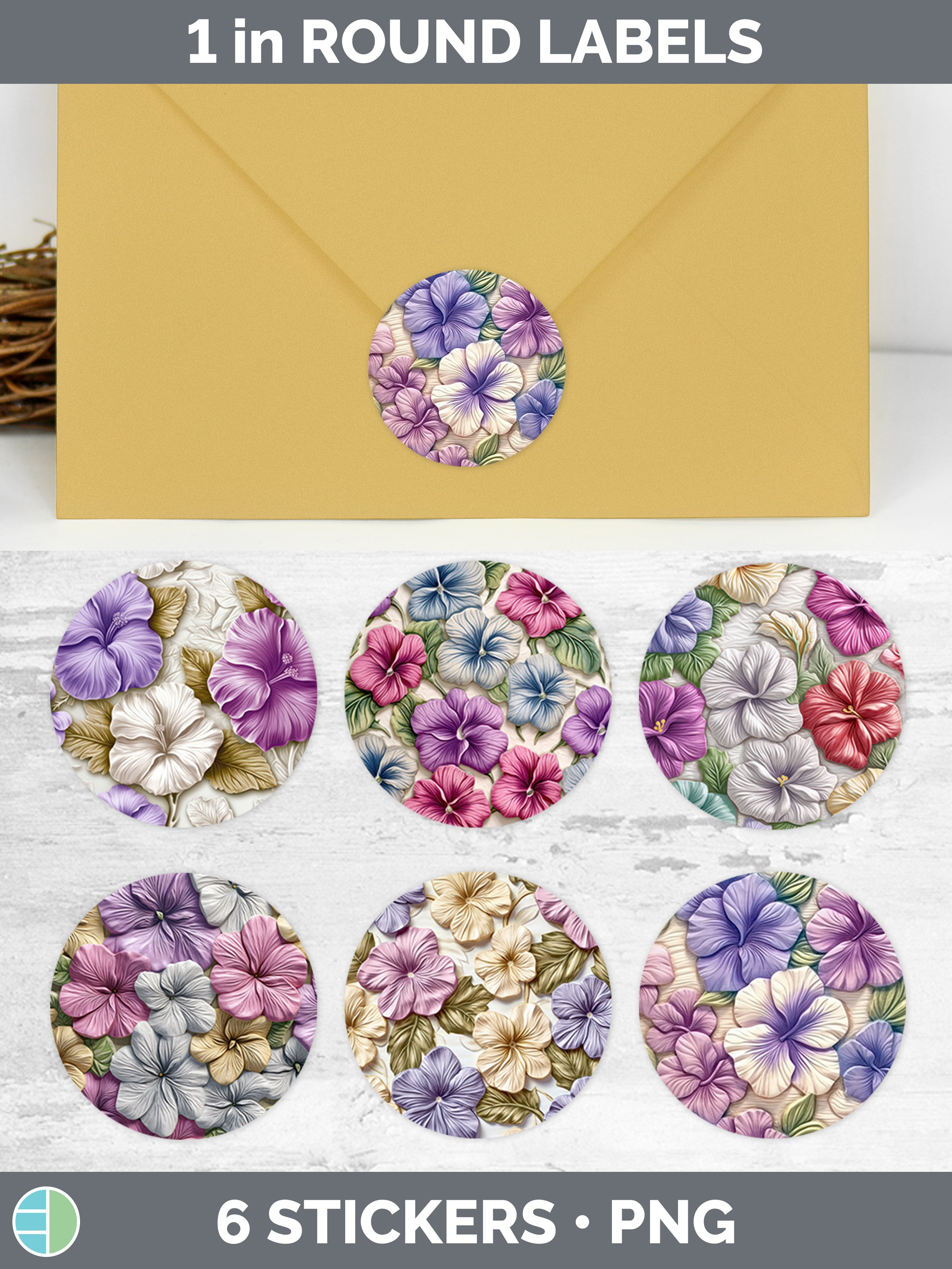 3D Petunia Flowers Stickers | Round Labels Designs Bundle