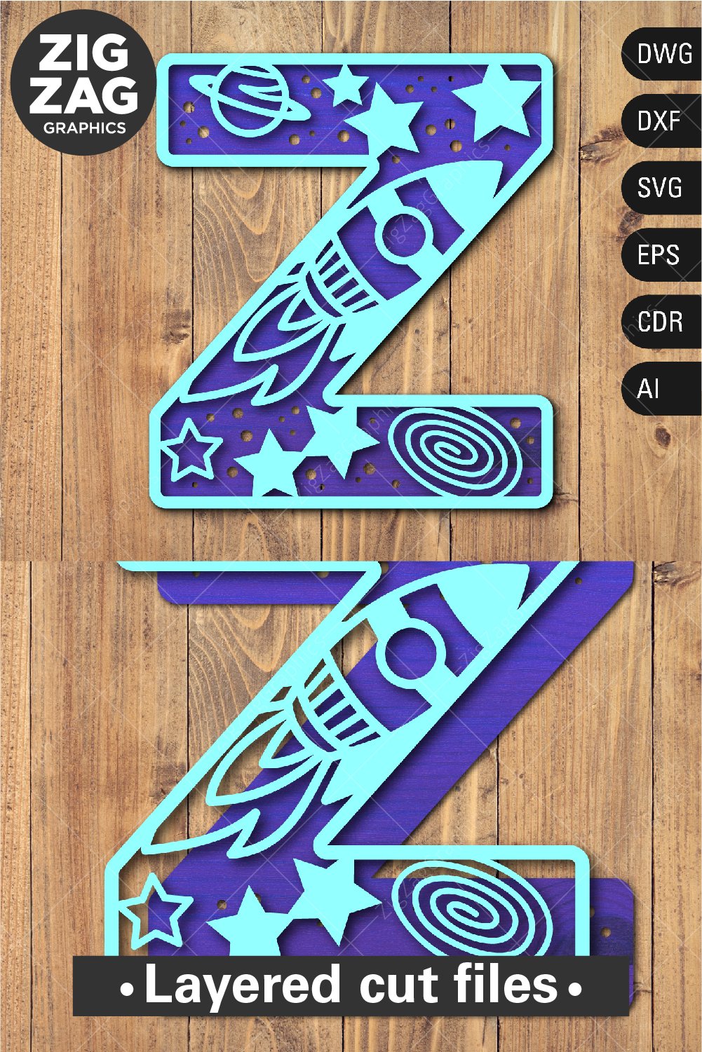 layered kids letter Z with space rocket astronaut and stars