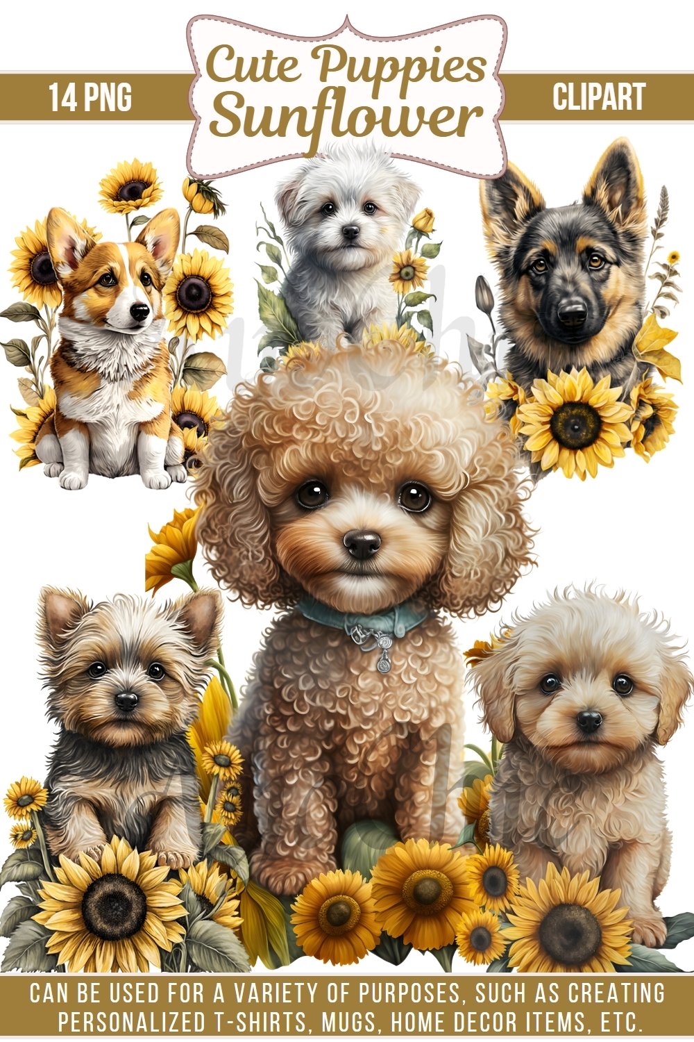 Cute Puppy Dogs Sunflower, Watercolor Clipart Sublimation