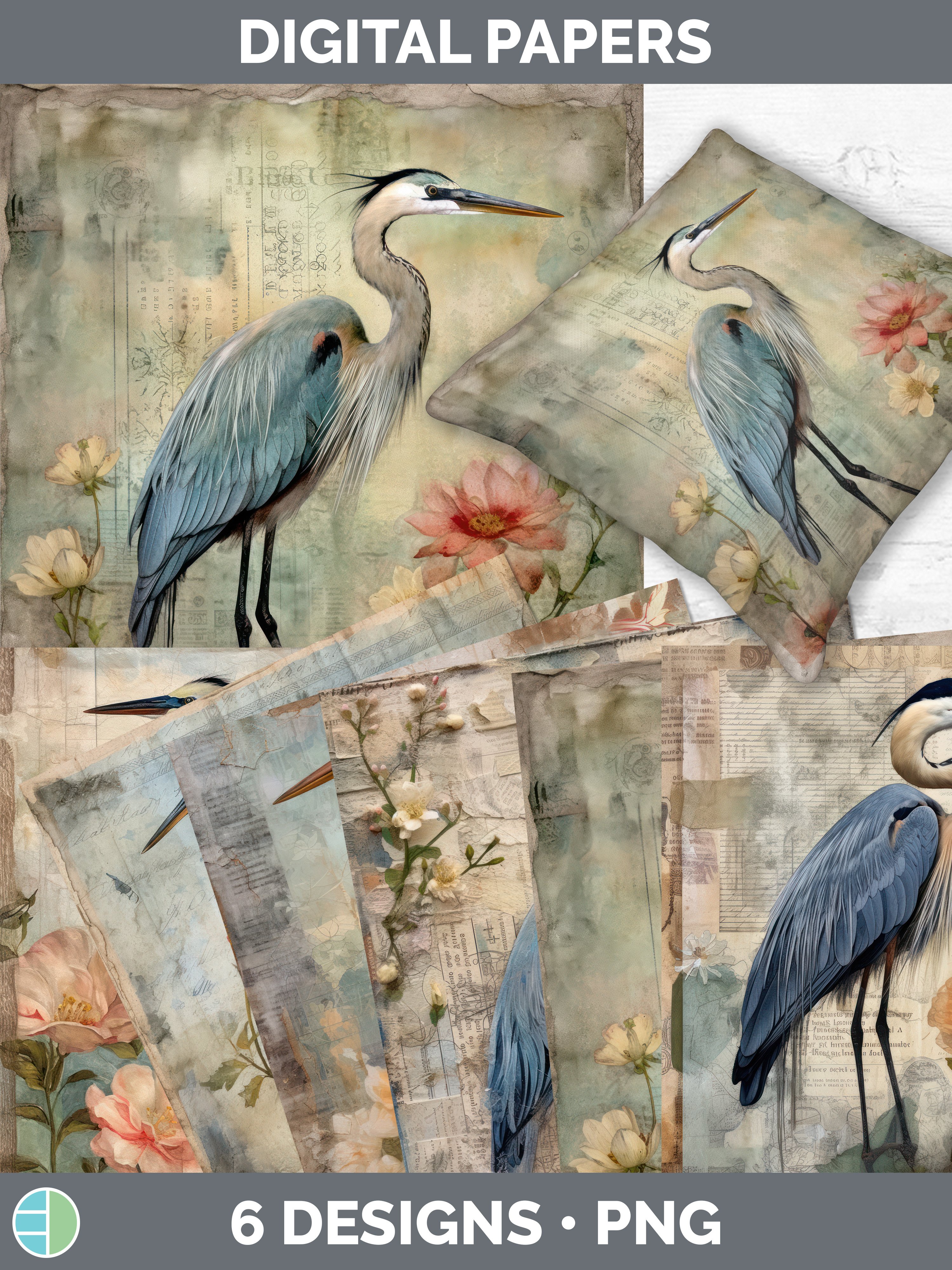 Vintage Great Blue Heron Bird Paper Backgrounds | Digital Sc
