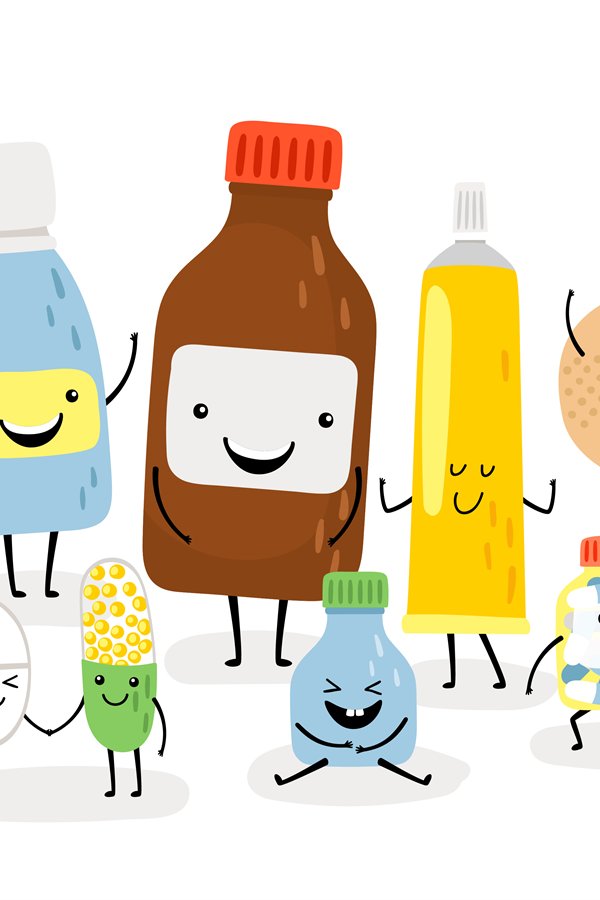 Drug characters tablet, syringe, thermometer and pill