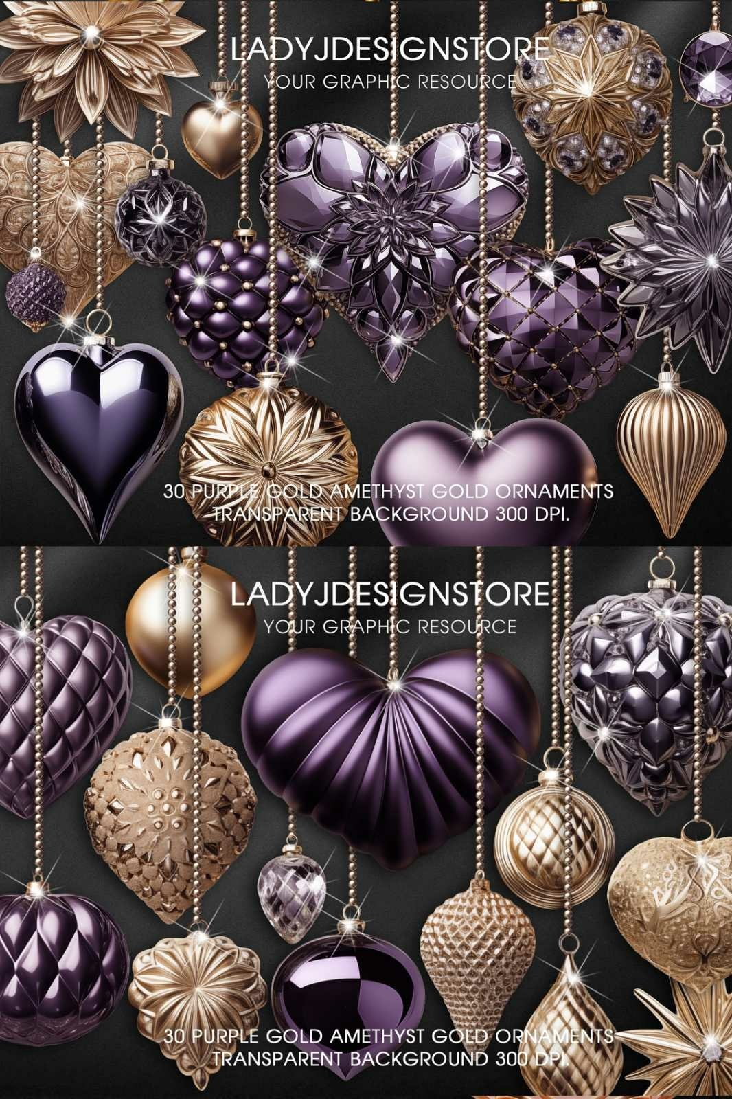 Purple Gold Amethyst Christmas Ornaments Clipart