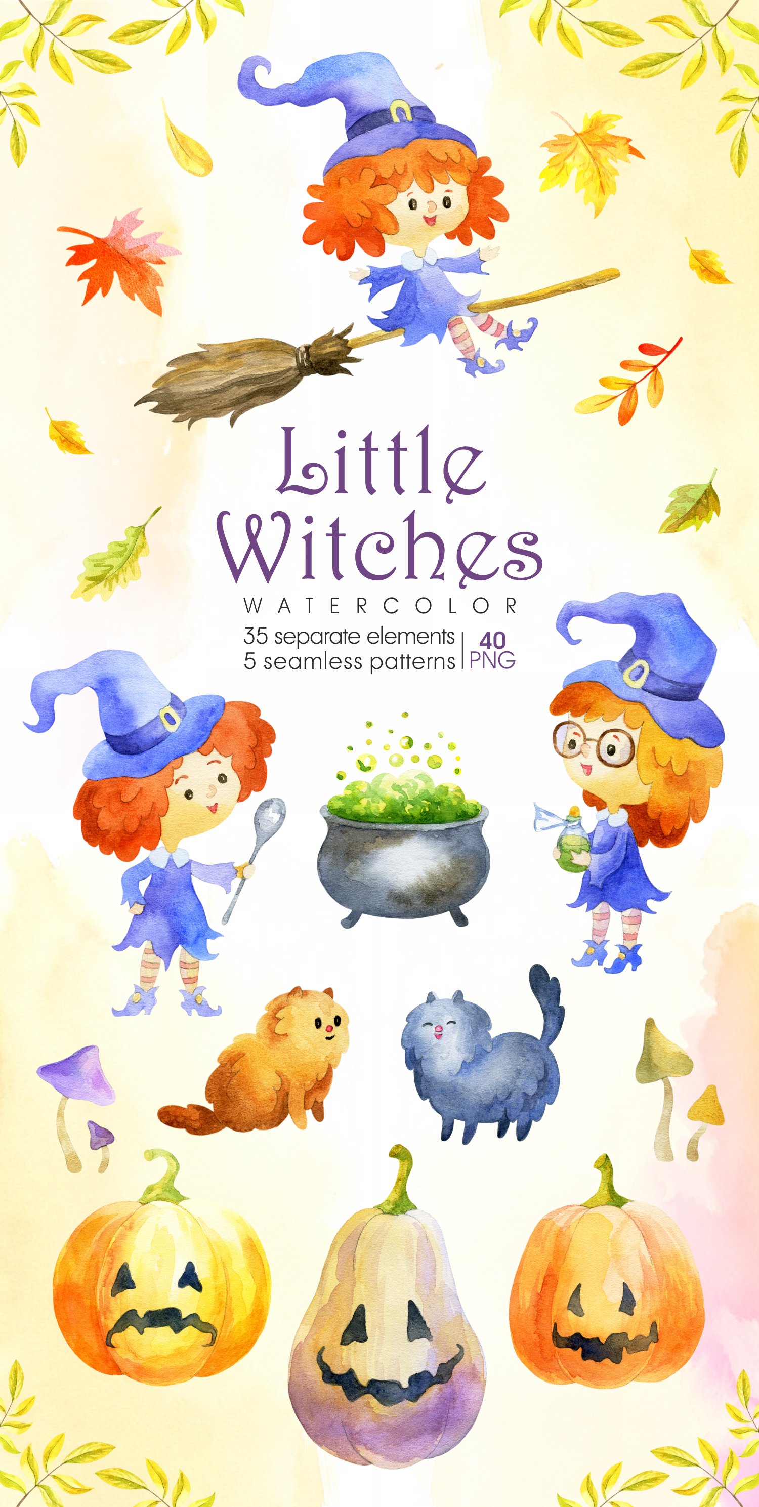 Little witches. Halloween watercolor clip arts and seamless