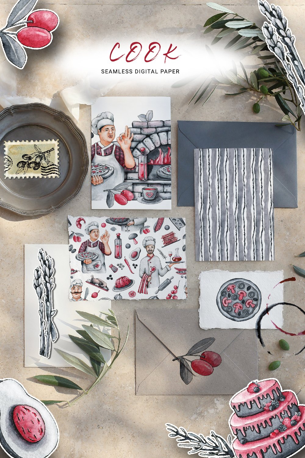 Chef cook, baker, culinary chef, seamless digital paper set