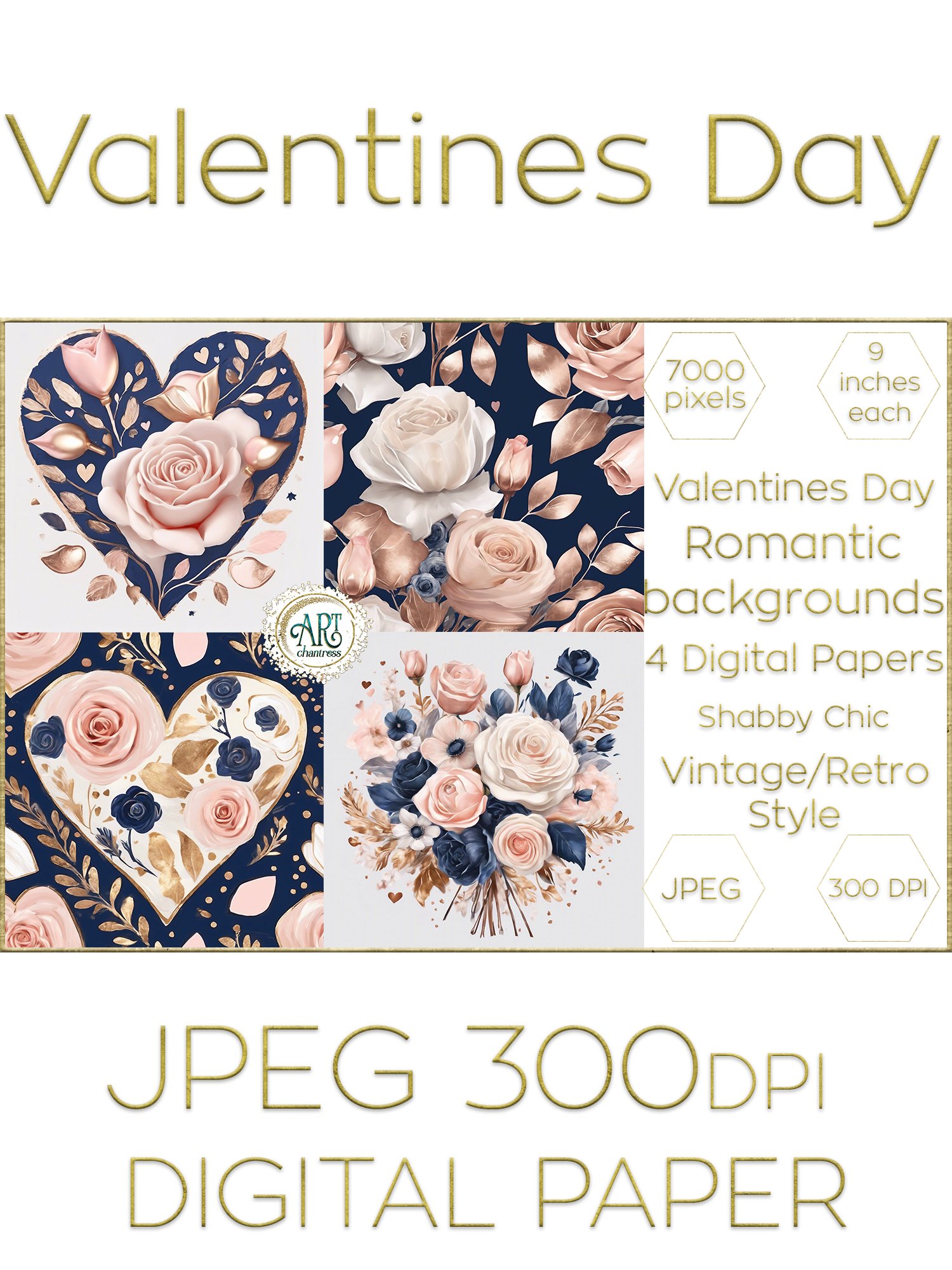 Valentine Navy Gold Pink Digital Papers Shabby (3139536)