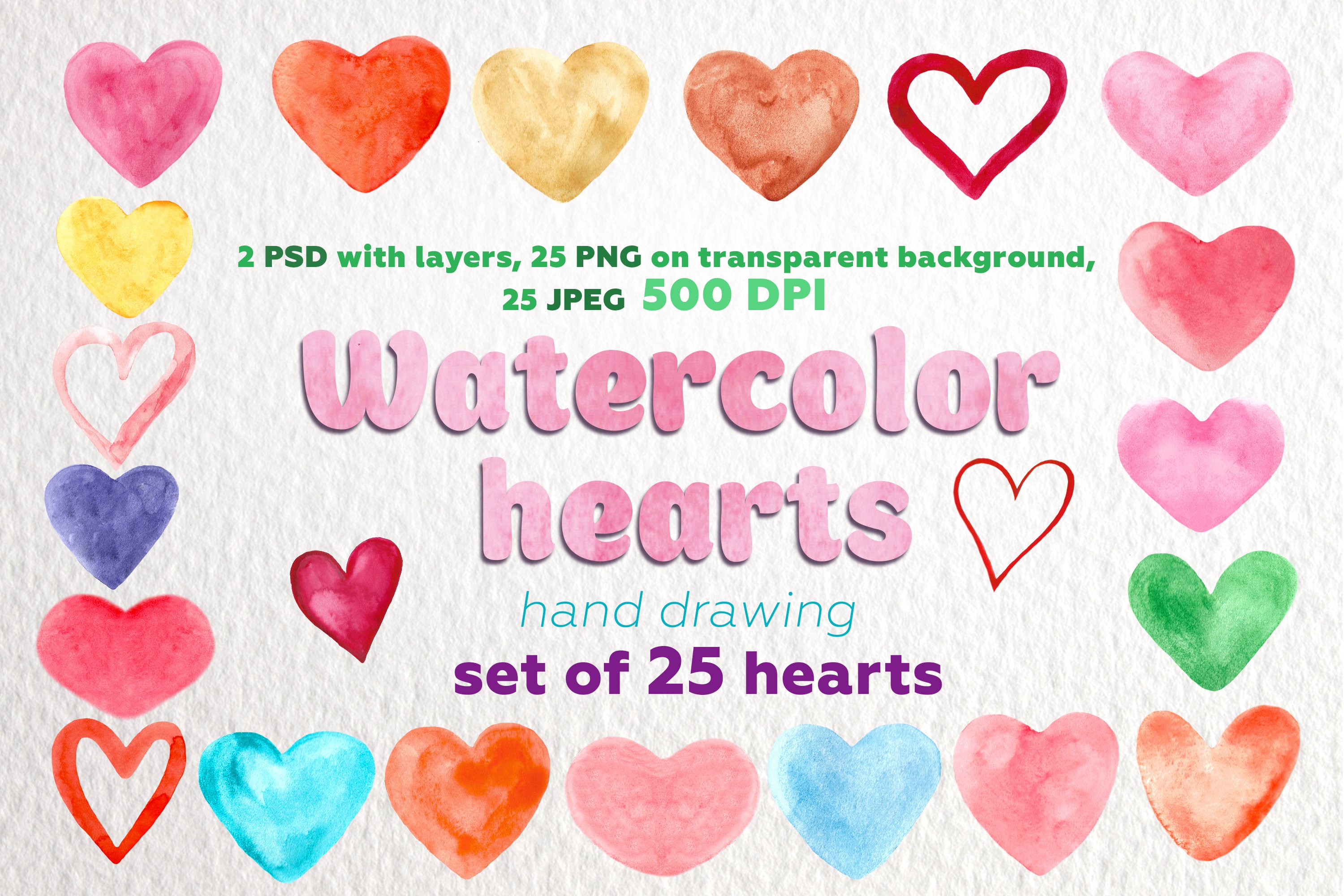 Watercolor Hearts Clipart. PSD, PNG, JPG