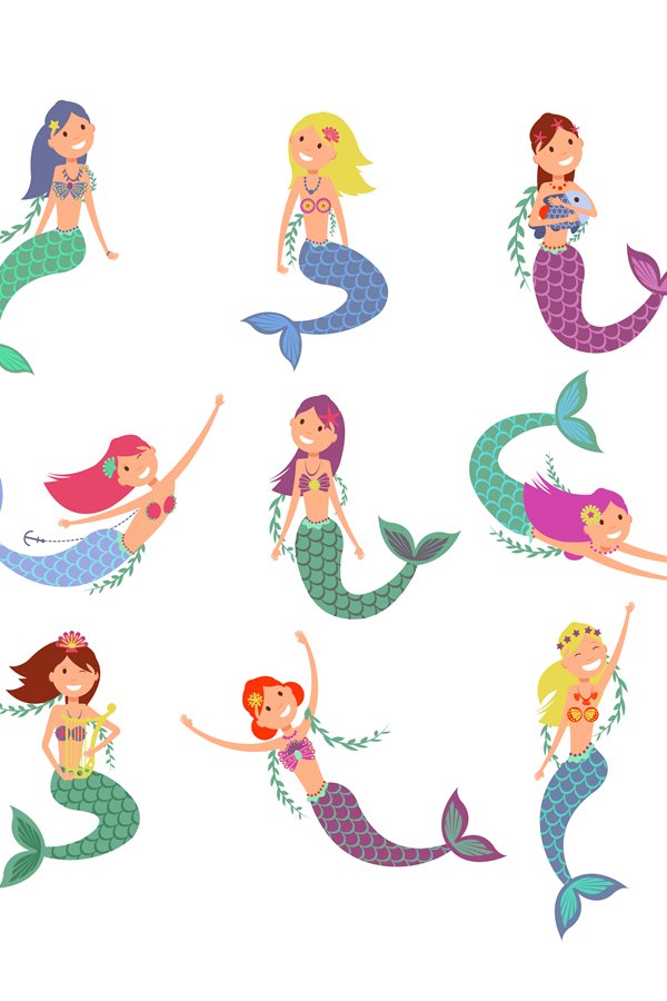 Cute fish girls vector characters. Swimming pretty princess