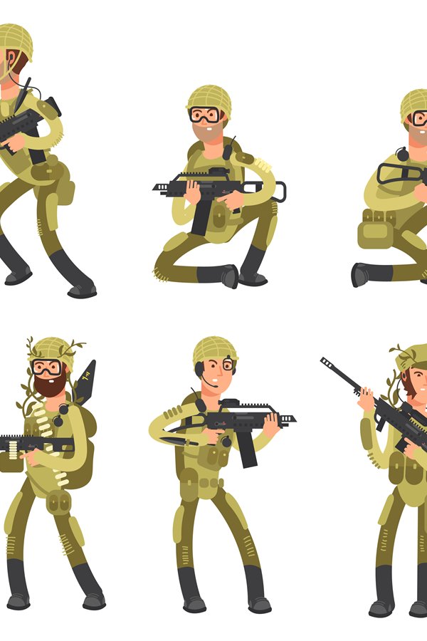 Army cartoon man soldiers in uniform. Military concept vecto