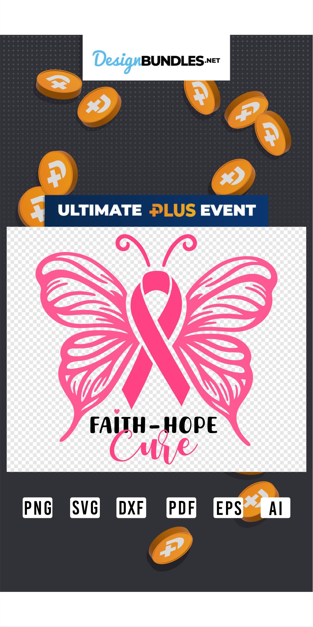 Breast Cancer Ribbon Butterfly SVG, Faith Hope Cure SVG