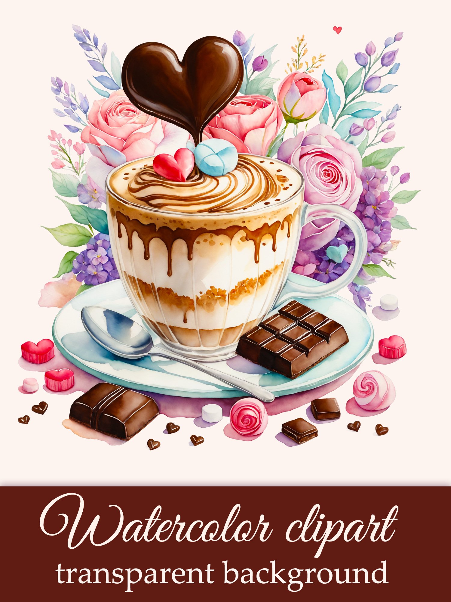 Watercolor coffee cup with hearts and chocolate, clipart Png