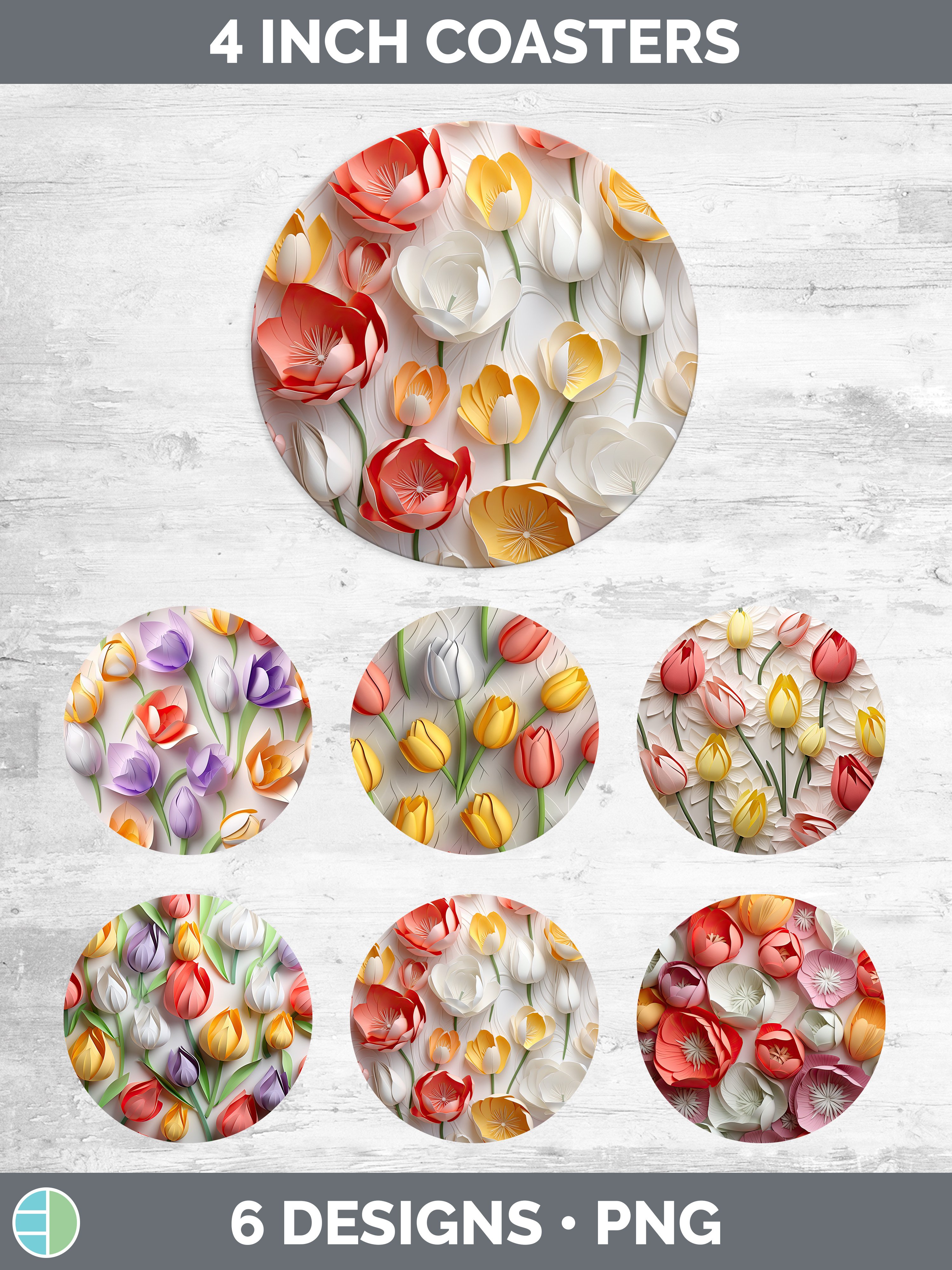 3D Paper Tulip Flowers Round Coaster | Bundle Coaster Design