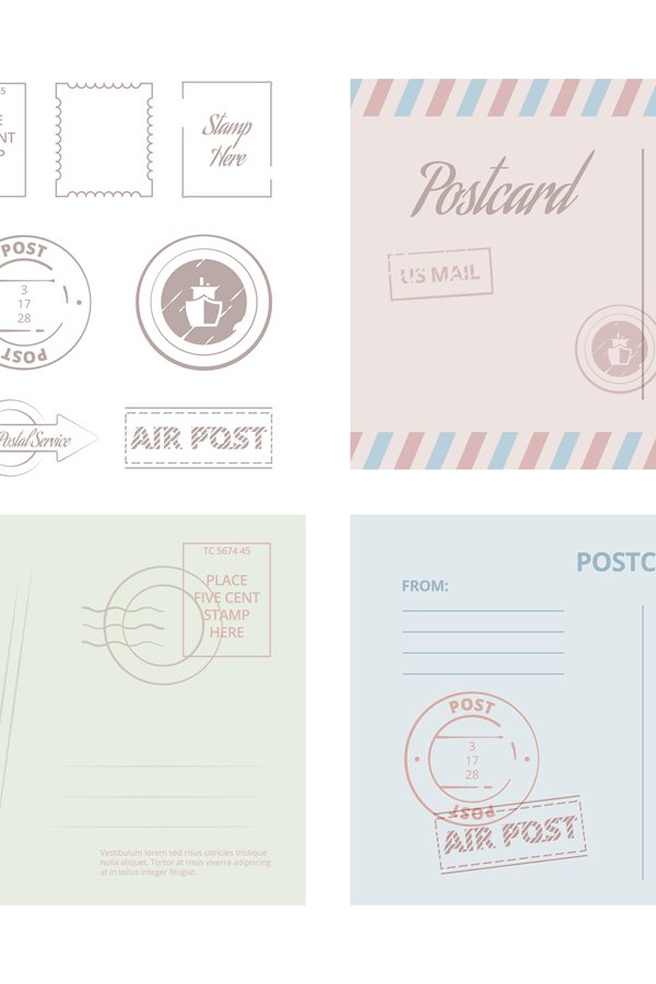 Postcard template. Vintage travel cards and letters with fra