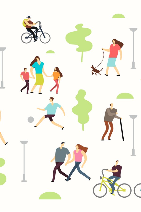 Happy active people in various lifestyles in spring park wit