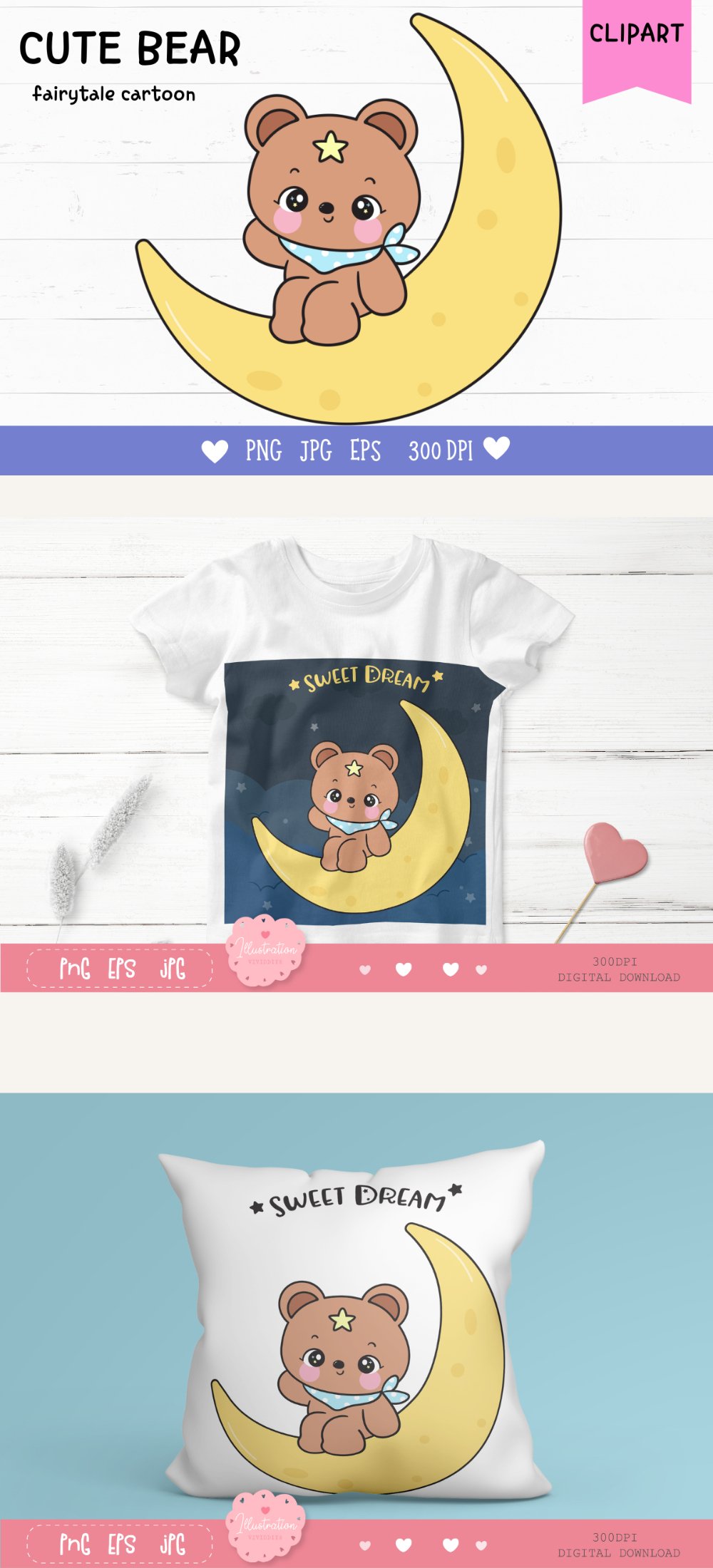 Cute teddy bear on moon with magic star sweet dream fairy