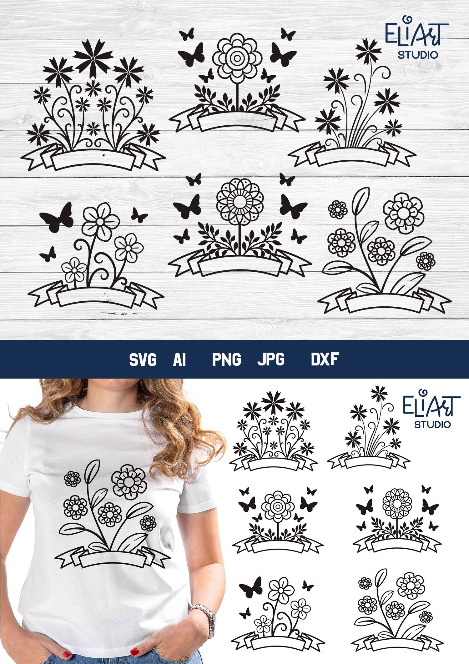 Floral Banner SVG Bundle | Flower Banners with Butterflies