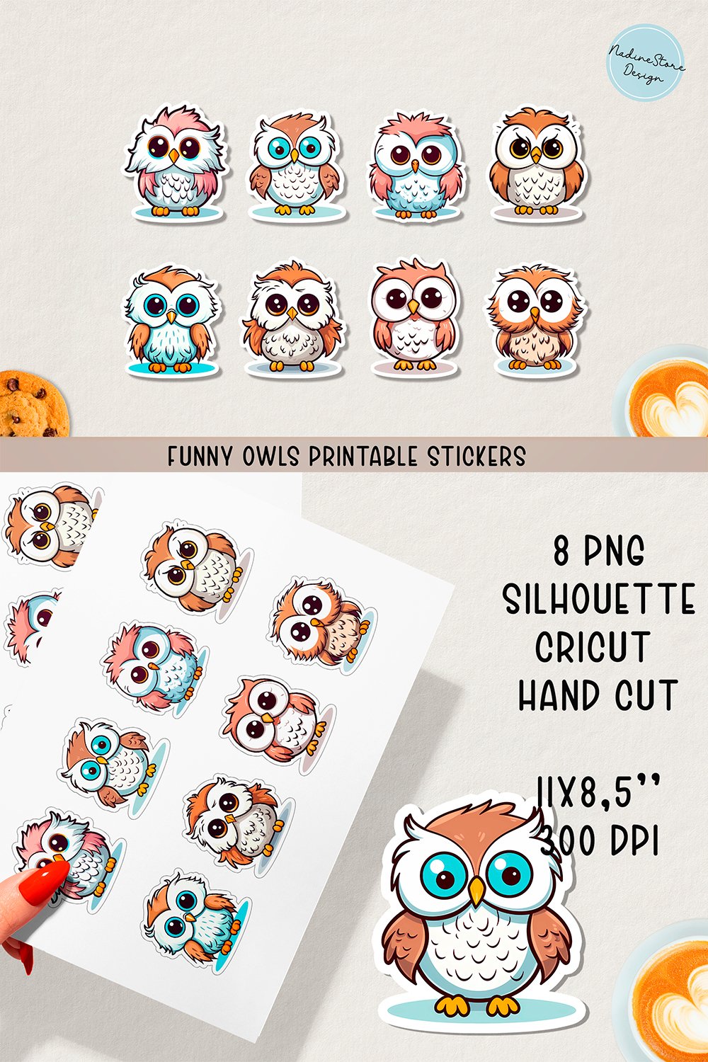 Funny owls printable stickers. PNG, JPG.