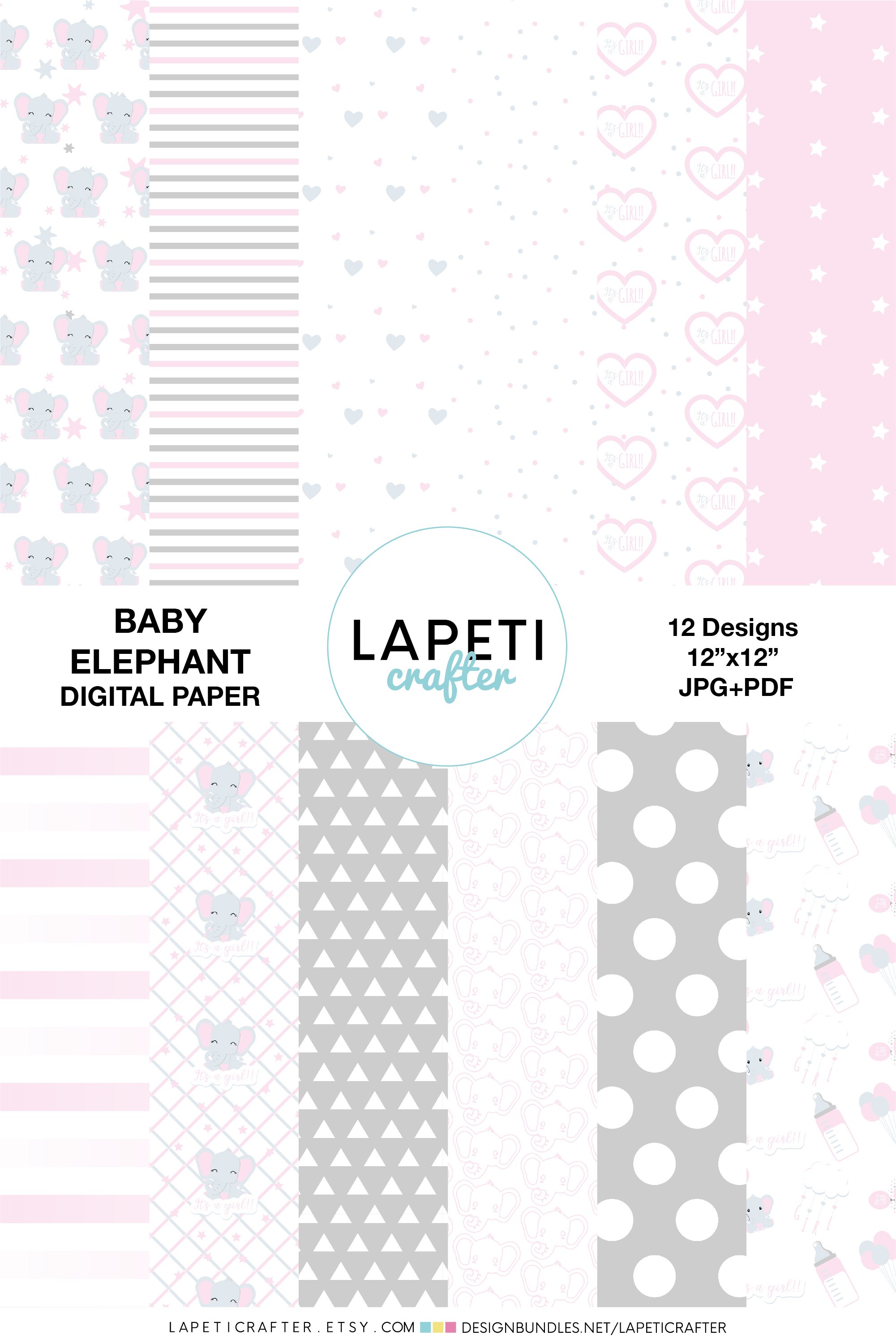 Elephant Digital Paper Pack | Baby Girl Elephant
