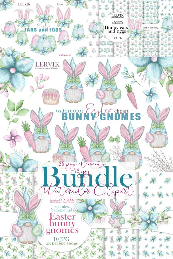 Easter Gnomes Bundle/ Bunny Ears, Eggs Clipart and Paper
